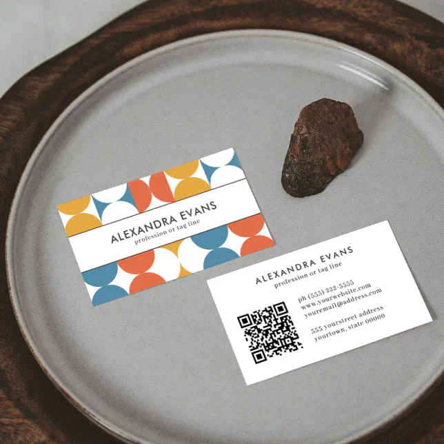 Retro Vintage inspired blue orange yellow QR CODE Business Card | Zazzle