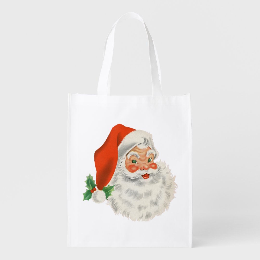 Retro Vintage Jolly Santa Claus Christmas Grocery Bag | Zazzle