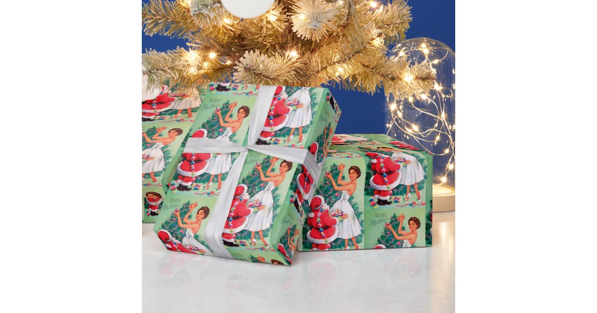 Retro Vintage lady and Santa party wrap Wrapping Paper | Zazzle