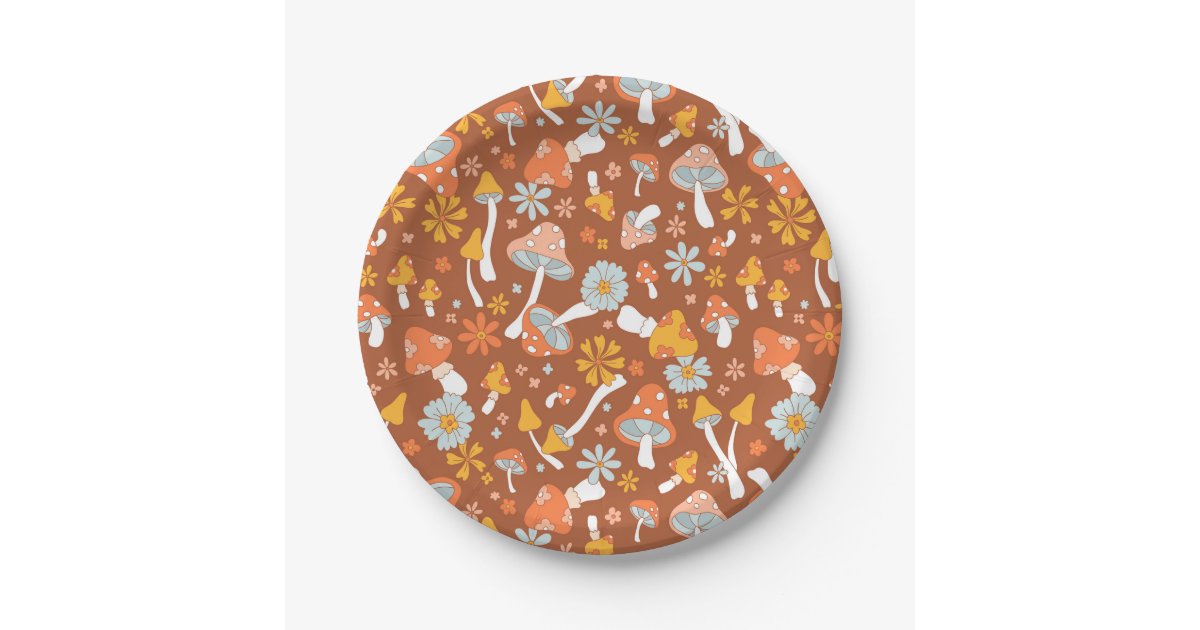 Retro Vintage Mushroom Flower Pattern Paper Plates | Zazzle