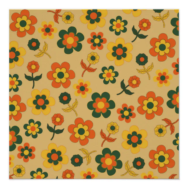 Retro Vintage Orange 70s Flower Pattern Poster | Zazzle