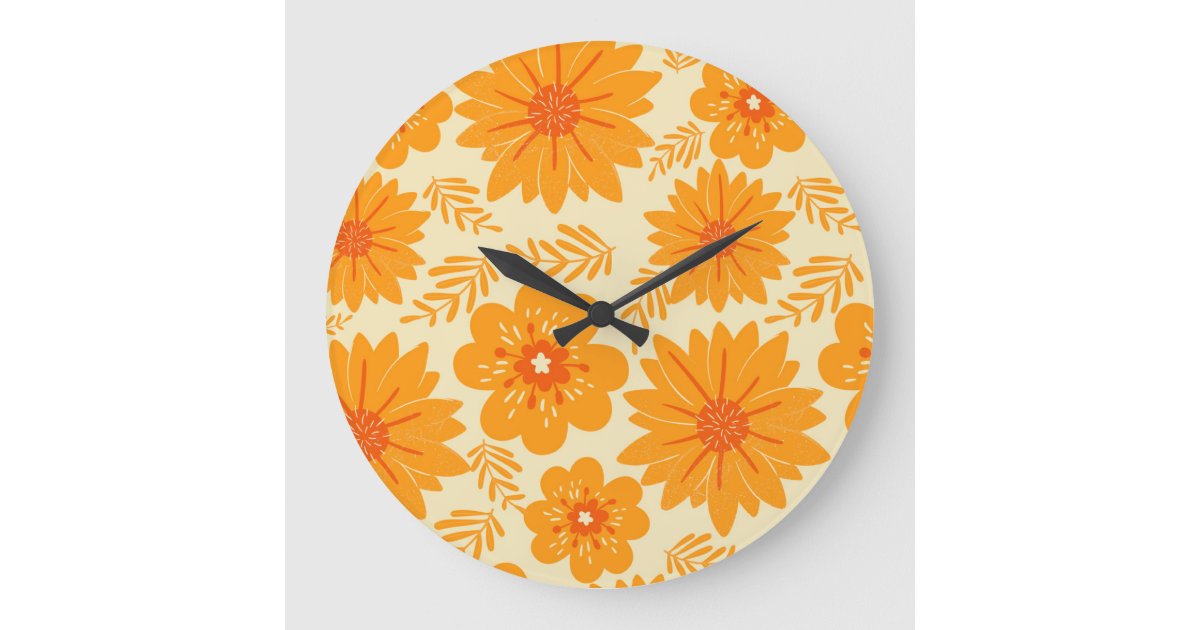 Retro Vintage Orange Botanical Flower Pattern Fall Large Clock | Zazzle