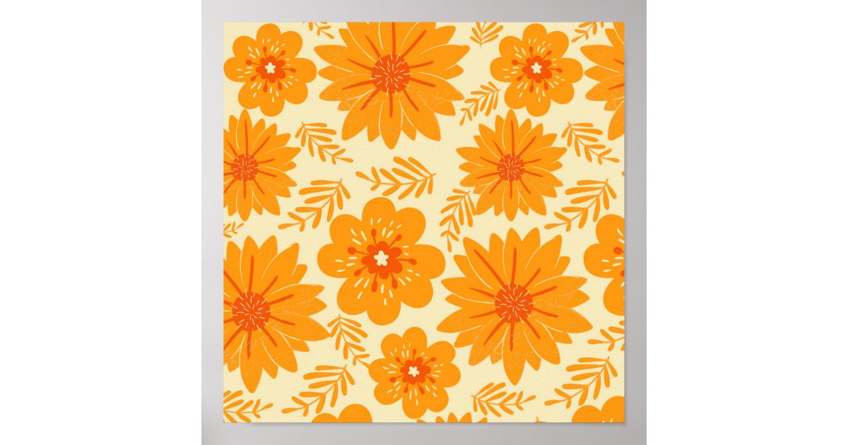 Retro Vintage Orange Botanical Flower Pattern Fall Poster | Zazzle
