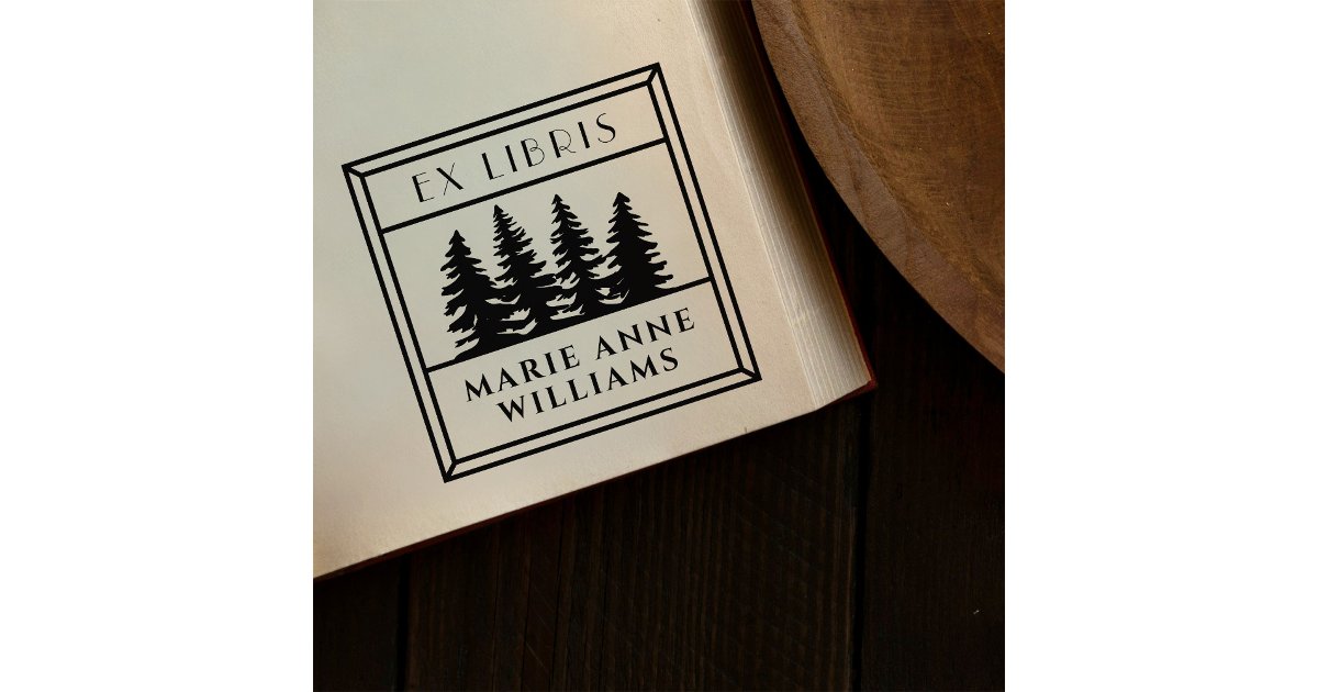 Retro Vintage Pine Trees Ex Libris Library Rubber Stamp | Zazzle