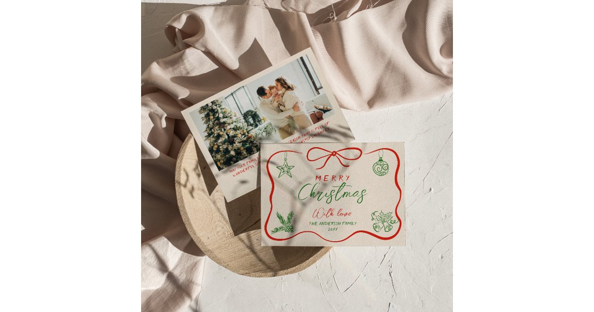 Retro Vintage Red Green Hand Drawn Photo Christmas Holiday Card | Zazzle