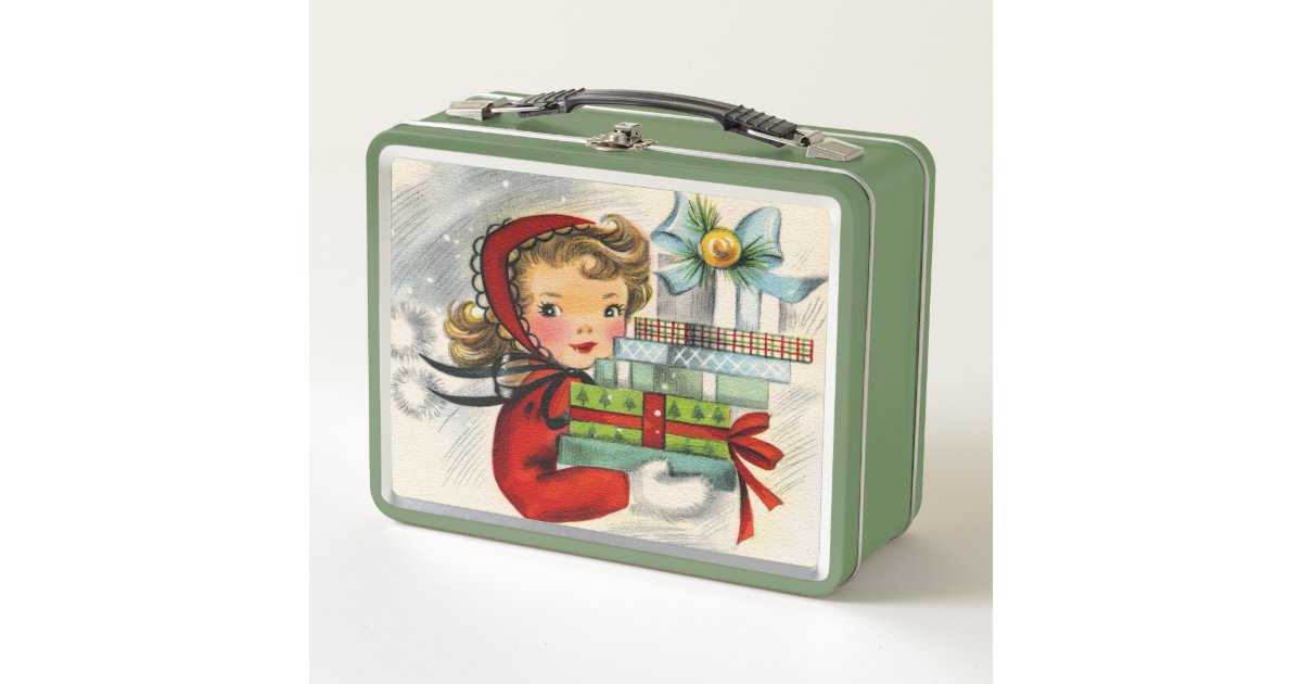 retro vintage shopping lady Christmas Metal Lunch Box | Zazzle