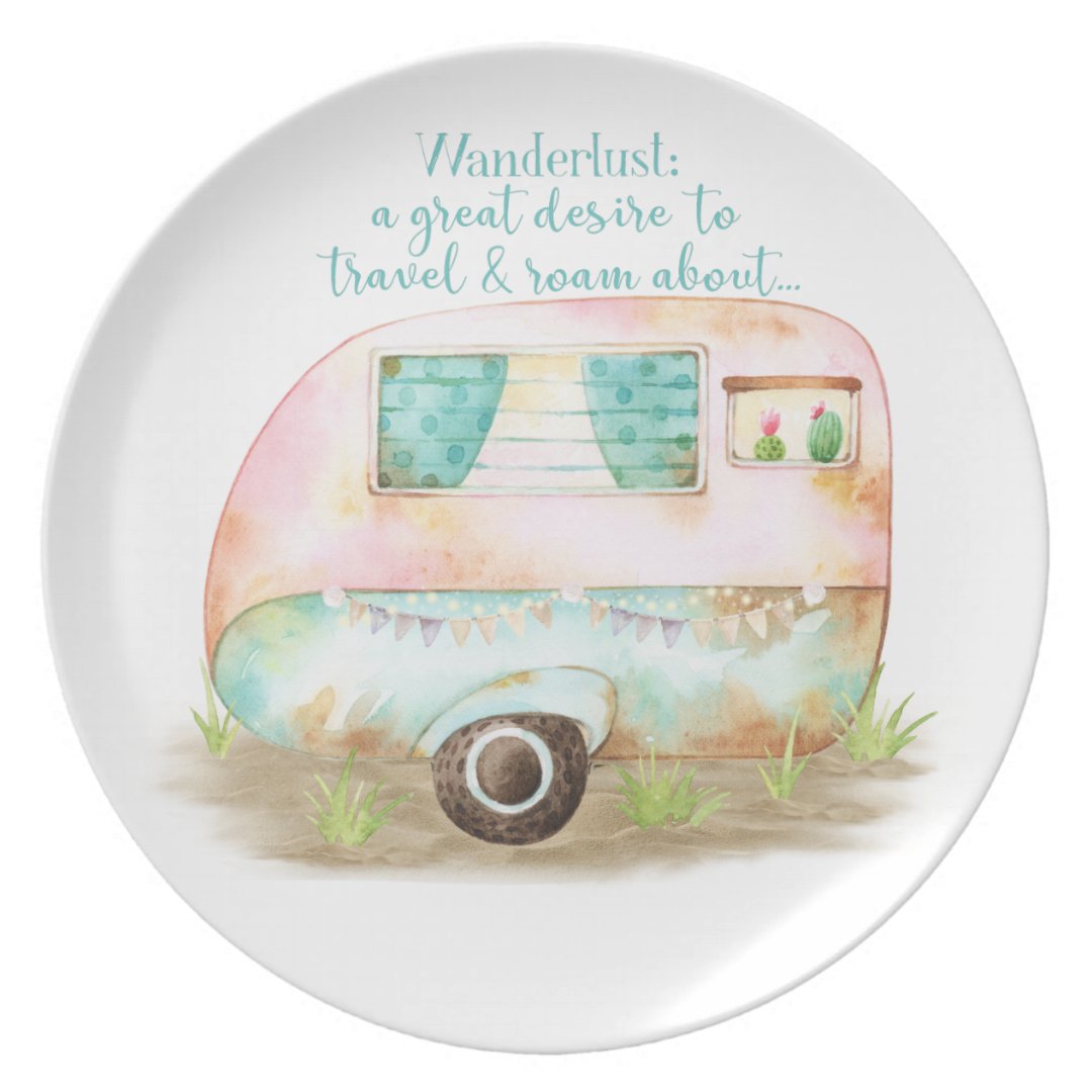 Retro Vintage Watercolor Camper Caravan Scene Dinner Plate | Zazzle