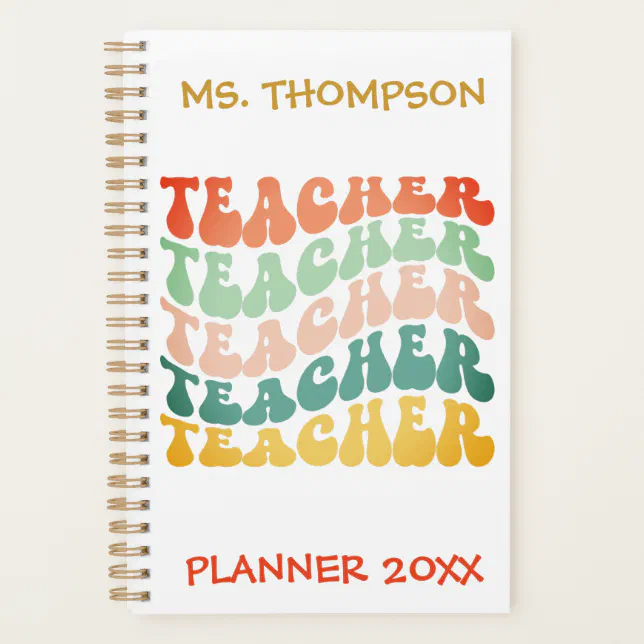 Retro Vintage Wave Typography Teacher Name Custom Planner | Zazzle