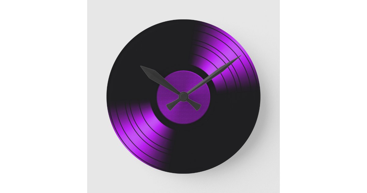Retro Vinyl Record Album in Purple Round Clock | Zazzle