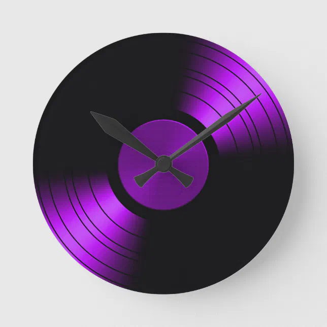 Retro Vinyl Record Album in Purple Round Clock | Zazzle