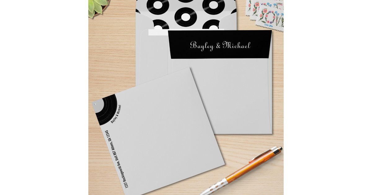 Retro Vinyl Record Custom Grey Square Wedding Envelope | Zazzle