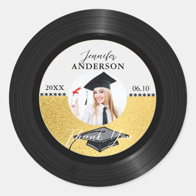 Retro Vinyl Record Photo Graduation Thank You Classic Round Sticker ...