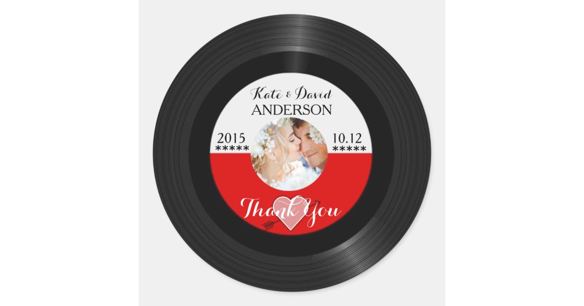 Retro Vinyl Record Photo Wedding Favor Thank You Classic Round Sticker ...