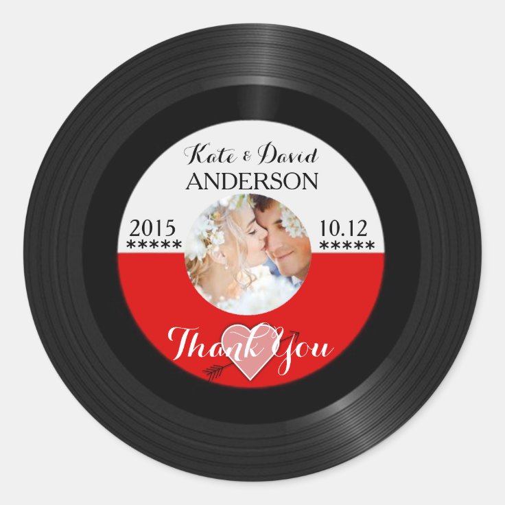 Retro Vinyl Record Photo Wedding Favor Thank You Classic Round Sticker ...