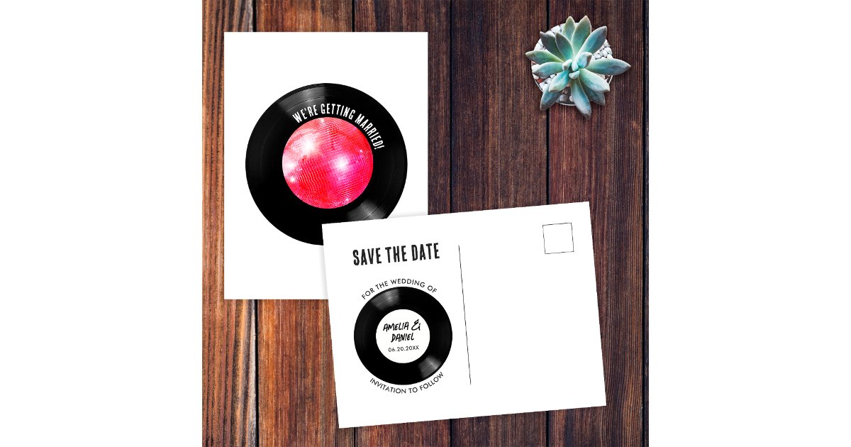 Retro Vinyl Record Pink Disco Ball Save the Date Postcard | Zazzle
