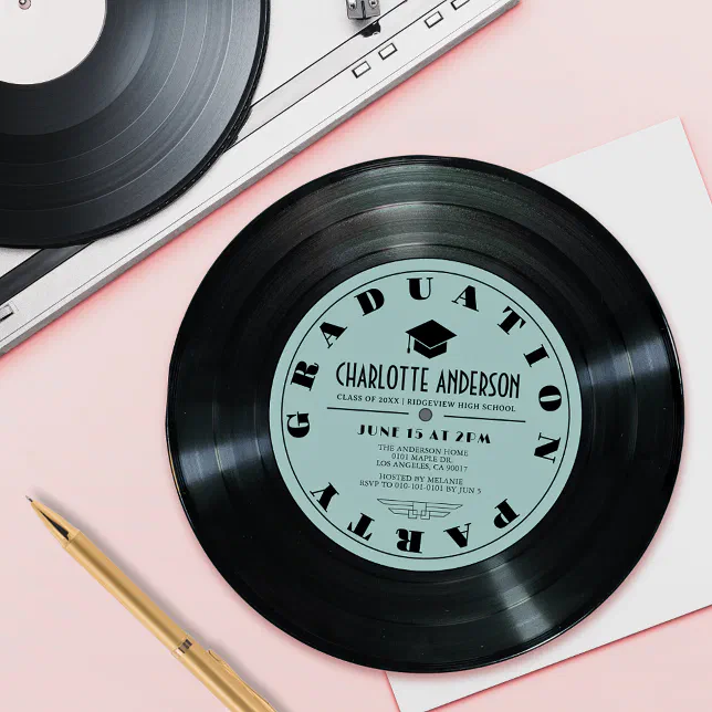 Retro Vinyl Record Turquoise Graduation Invitation | Zazzle