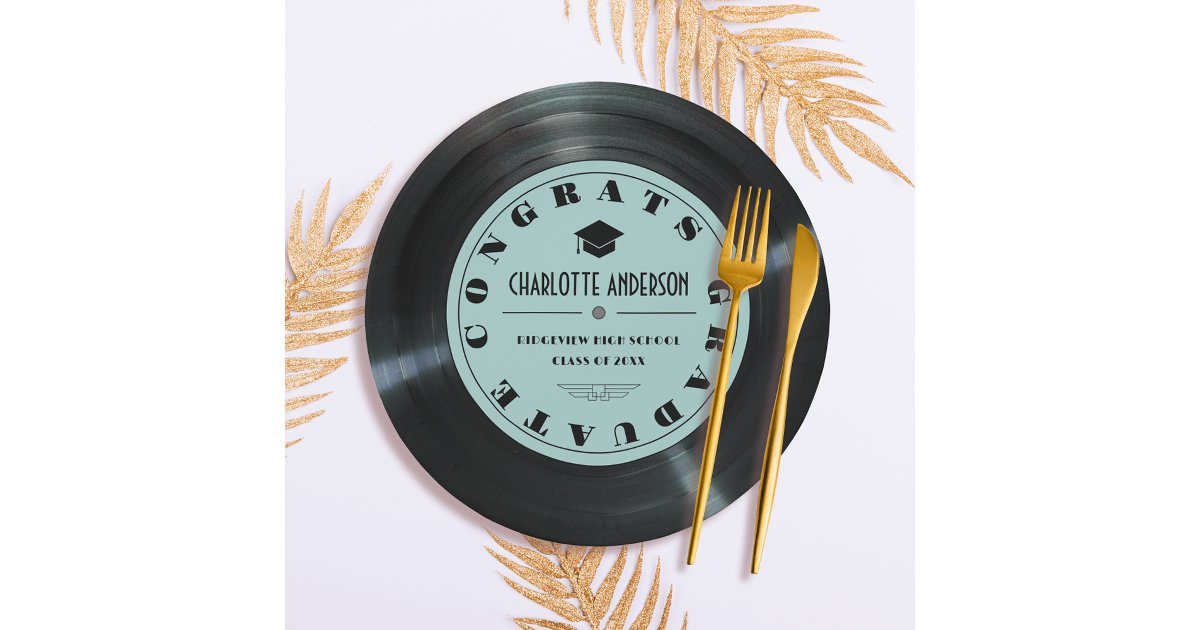 Retro Vinyl Record Turquoise Graduation Paper Plates | Zazzle