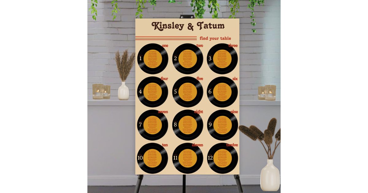 Retro Vinyl Record Wedding 12 Table Seating Chart Foam Board | Zazzle