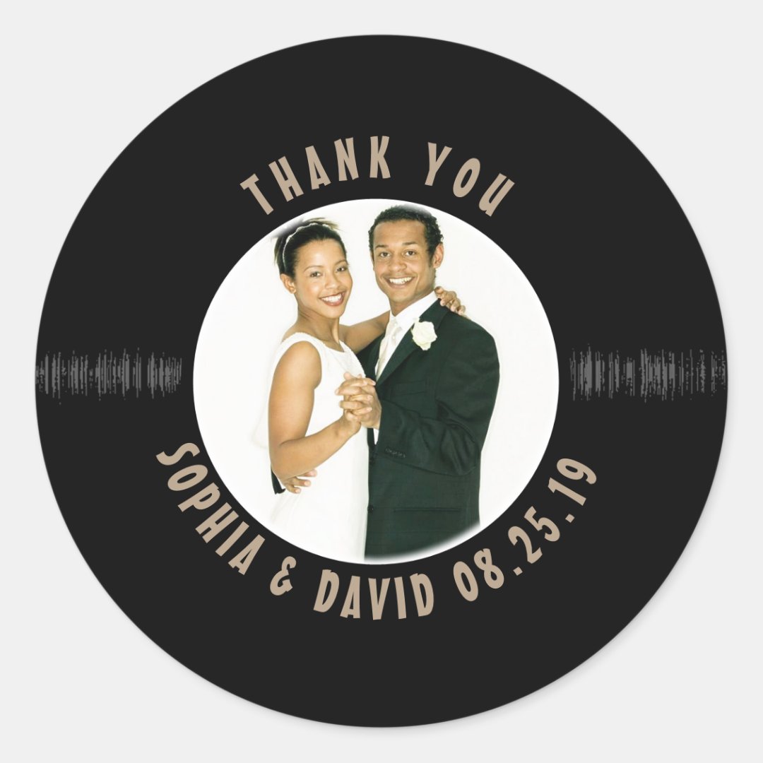 Retro Vinyl Record Wedding Photo Thank You Classic Round Sticker | Zazzle