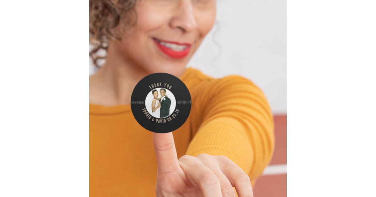 Retro Vinyl Record Wedding Photo Thank You Classic Round Sticker | Zazzle