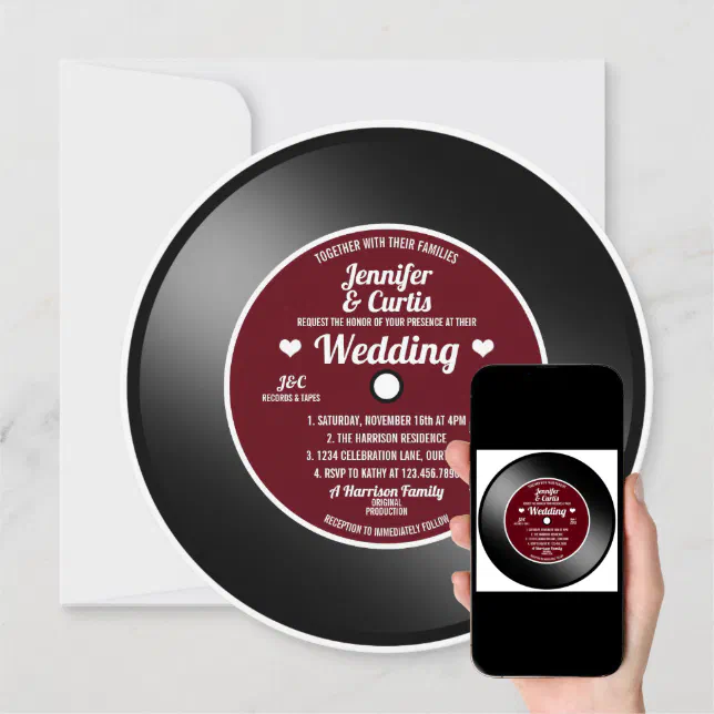 Retro Vinyl Record Wine Red Wedding Invitation | Zazzle