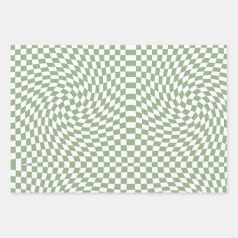 Retro Warped Sage Green White Checks Checkered Wrapping Paper Sheets ...