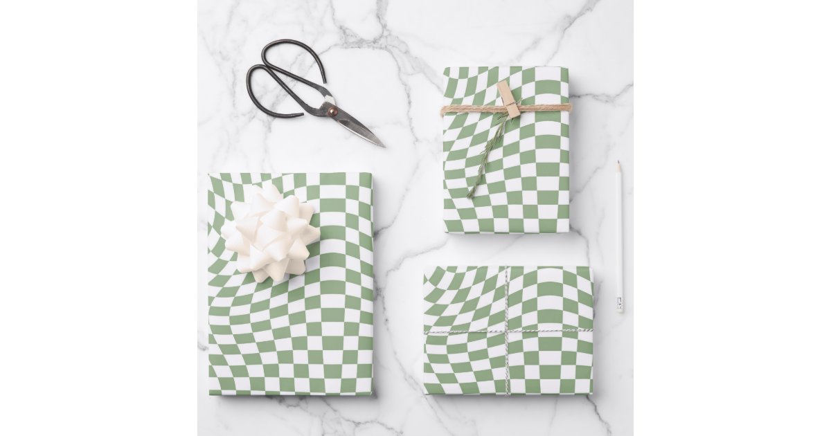 Retro Warped Sage Green White Checks Checkered Wrapping Paper Sheets ...