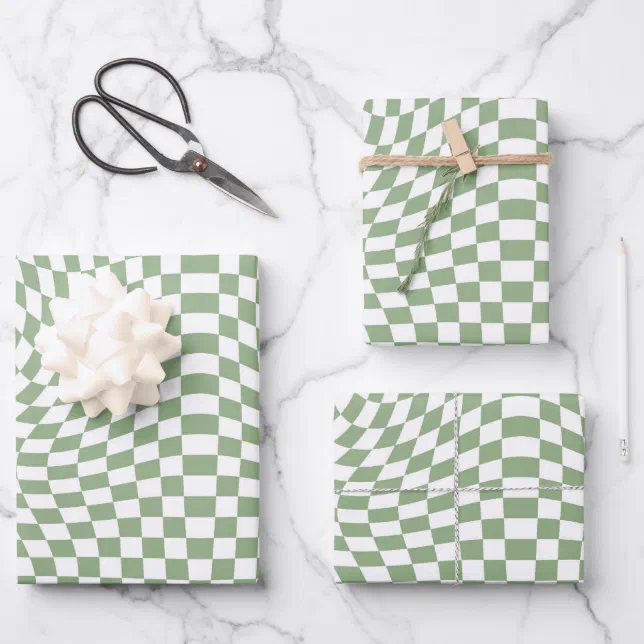 Retro Warped Sage Green White Checks Checkered Wrapping Paper Sheets ...