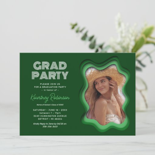 Retro Wave Green Photo Graduation Party Invitation | Zazzle