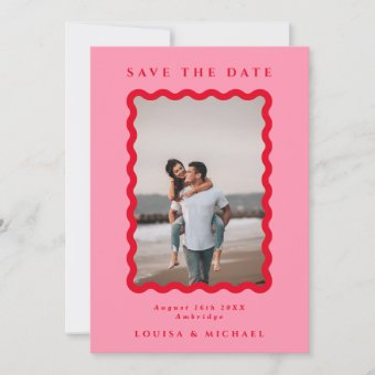 Retro Wavy Frame Photo Red & Pink QR Code Wedding Save The Date | Zazzle