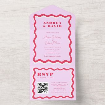 Retro Wavy Frame Pink and Red QR Code 70s Wedding All In One Invitation ...