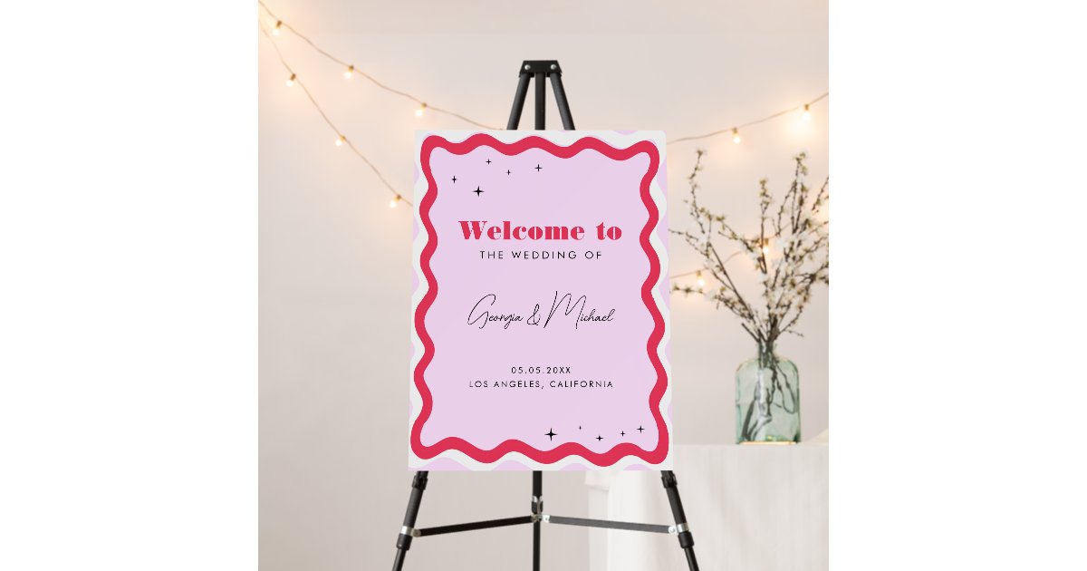 Retro Wavy Frame Pink and Red Wedding Welcome Sign | Zazzle