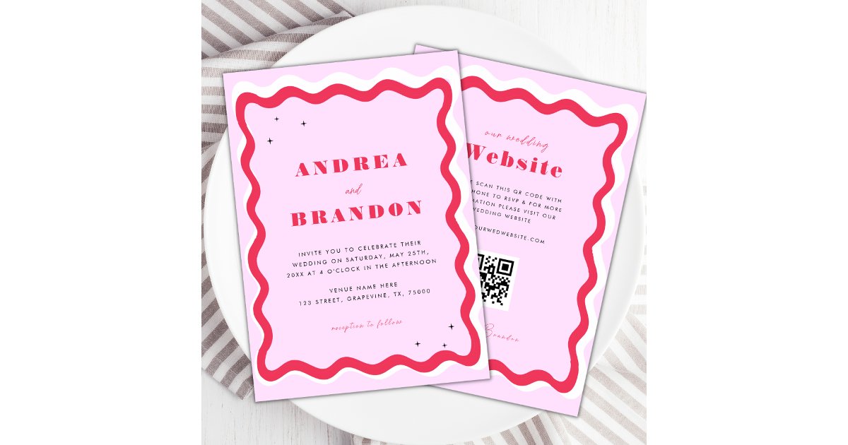 Retro Wavy Frame QR Code 70s All in One Wedding In Invitation | Zazzle