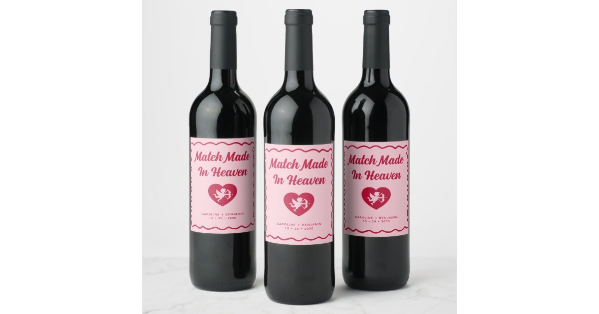 Retro Wavy Match Made In Heaven Cupid Wedding Wine Label | Zazzle