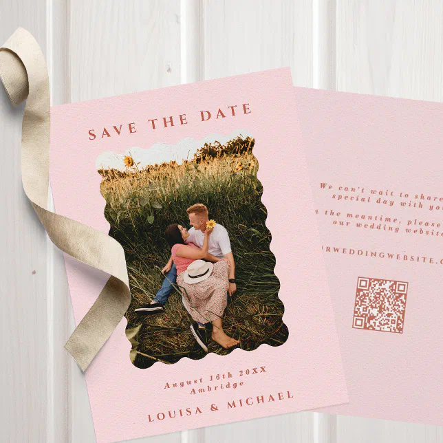 Retro Wavy Photo & QR Code Blush Wedding Save The Date | Zazzle