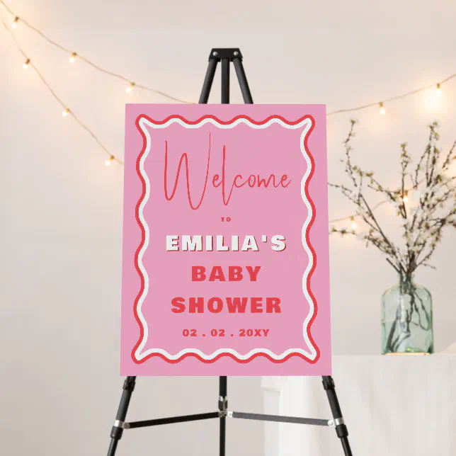 Retro Wavy Pink Red Baby Shower Welcome Sign | Zazzle