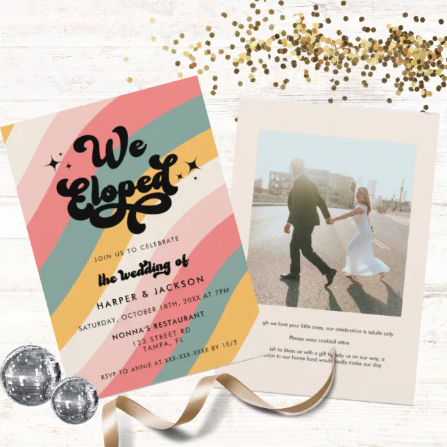 Retro We Eloped Photo Colorful Wedding Invitation | Zazzle