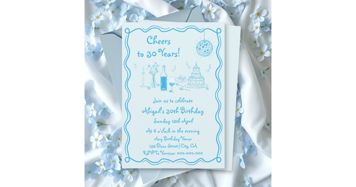 Retro whimsical aqua blue scribble birthday invitation | Zazzle
