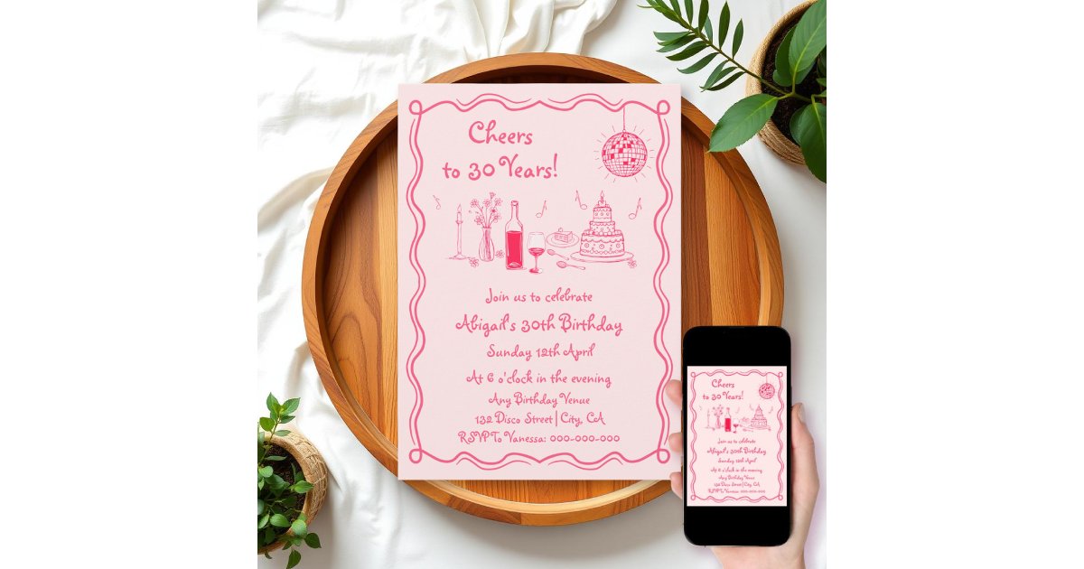 Retro whimsical hot pink scribble birthday invitation | Zazzle