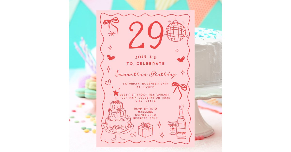 Retro Whimsical Quirky Red Pink 29th Birthday Invitation | Zazzle