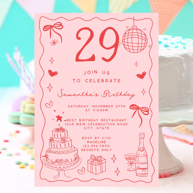 Retro Whimsical Quirky Red Pink 29th Birthday Invitation | Zazzle