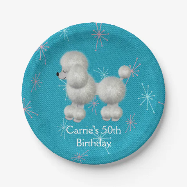 Retro White Poodle Custom Birthday Paper Plates | Zazzle