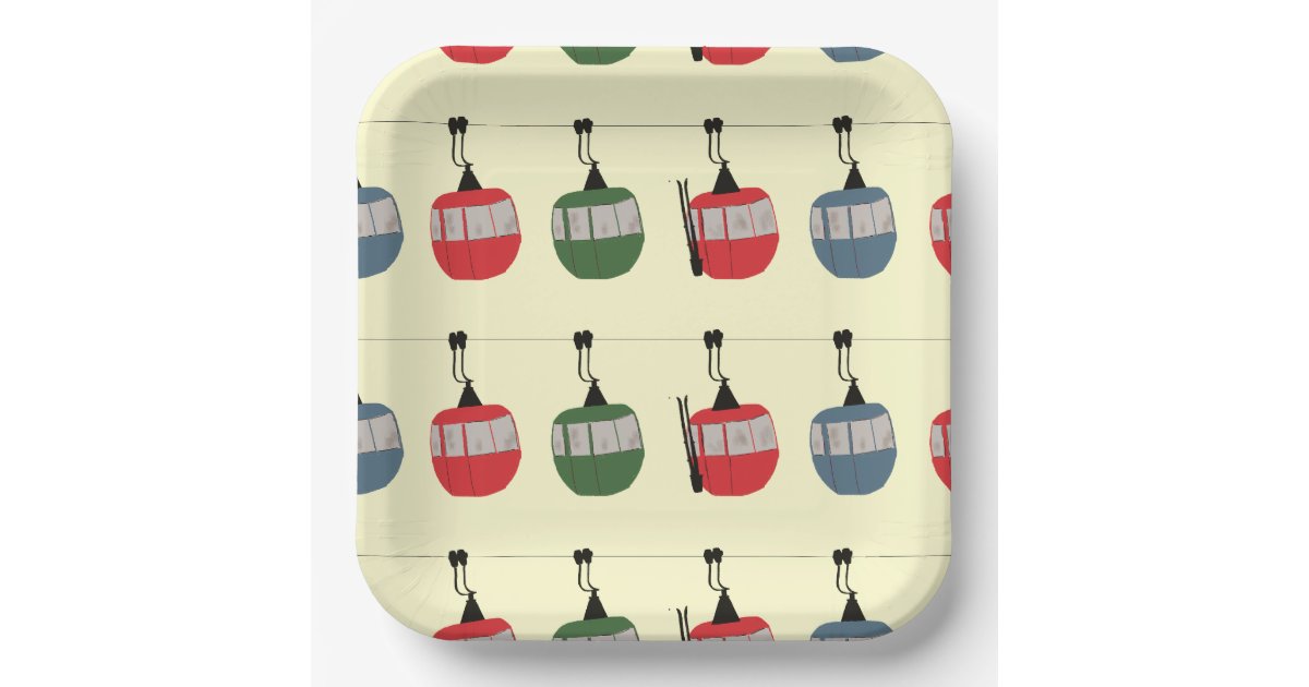 Retro Winter Ski Gondola Lift Skiers Cream Paper Plates | Zazzle