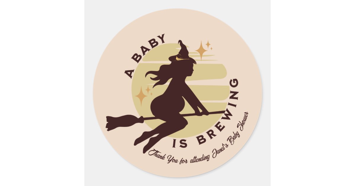 Retro Witch Baby is Brewing Baby Shower Classic Round Sticker | Zazzle