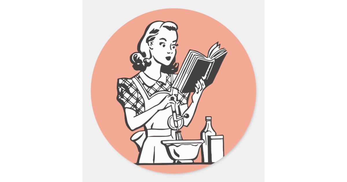 Retro woman cooking funny 1950s classic round sticker | Zazzle