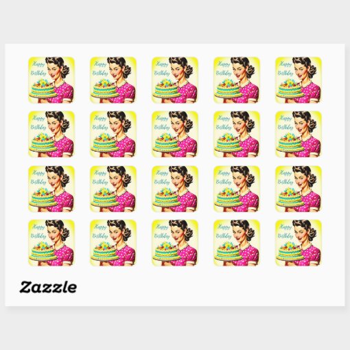 Retro Woman holding a Vintage Cake Husband's Bday Square Sticker | Zazzle