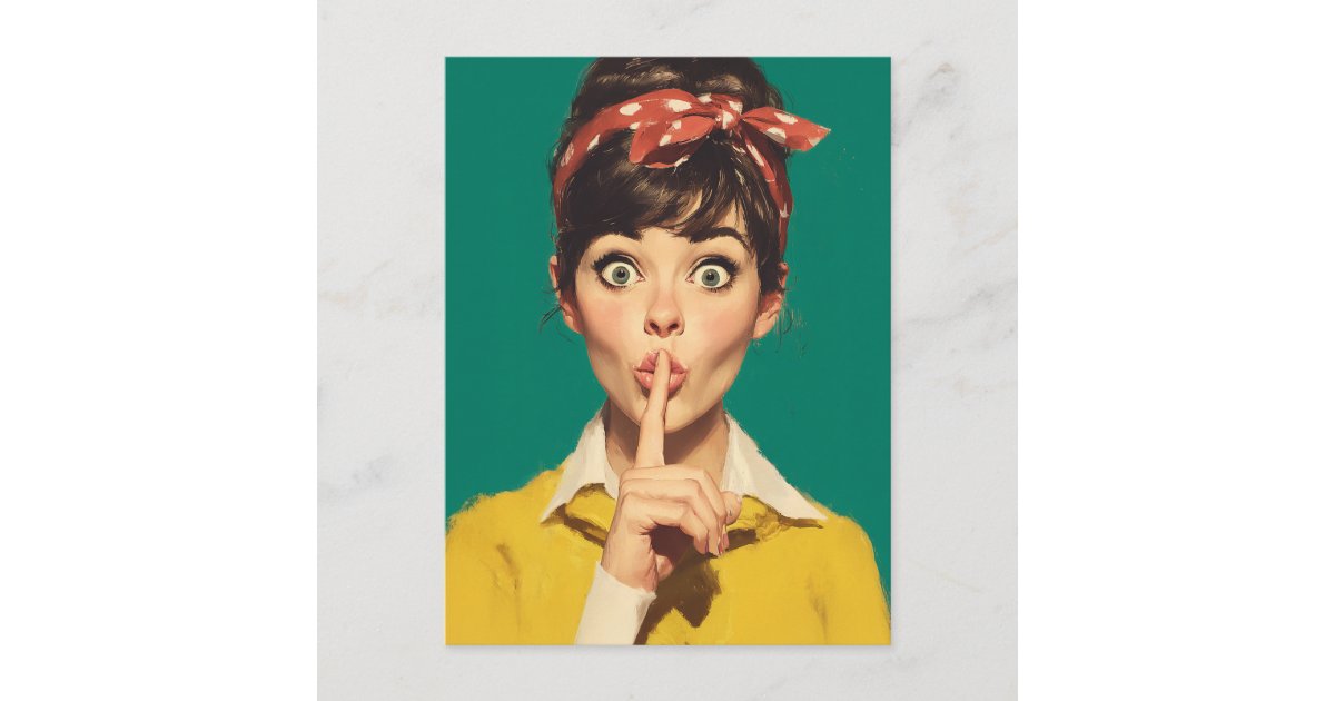 Retro Woman Making a Shush Postcard | Zazzle