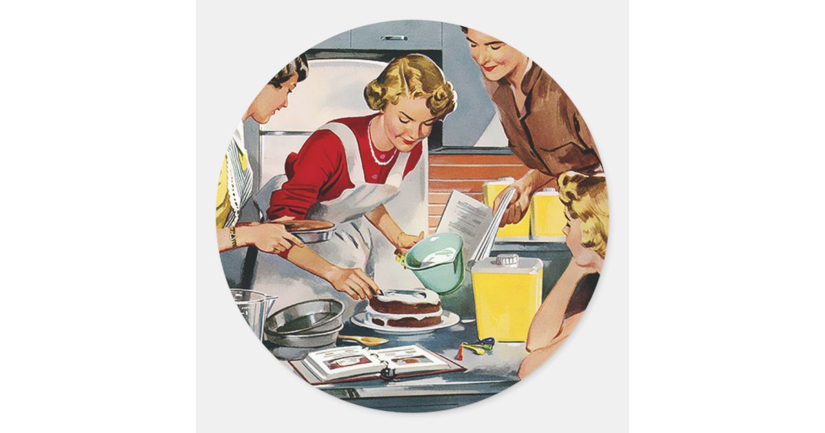 Retro women baking a cake classic round sticker | Zazzle