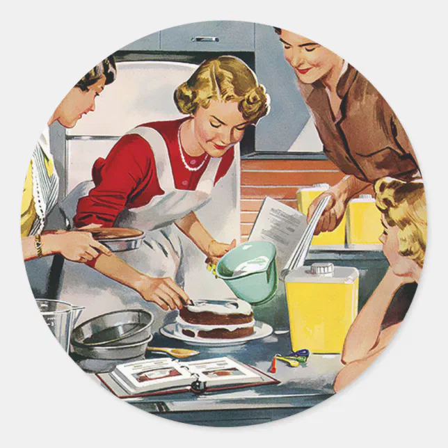 Retro women baking a cake classic round sticker | Zazzle