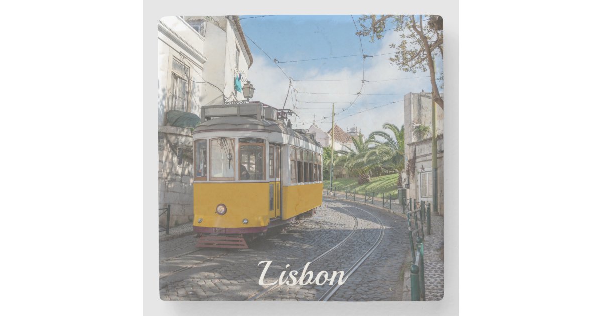 Retro yellow tram on street in Lisbon, Portugal Stone Coaster | Zazzle